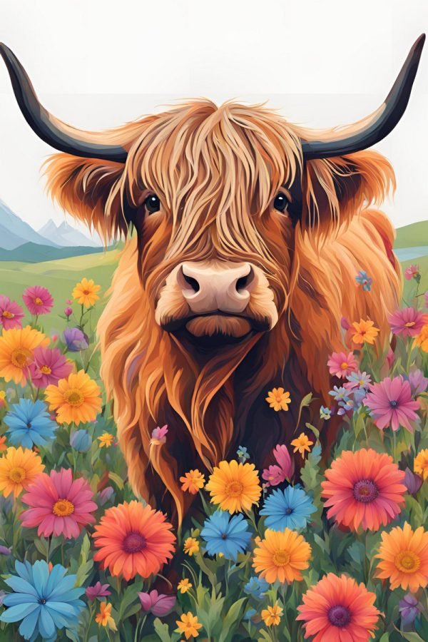 Floral Highland Cow Cartoon Art Print | Posters Canvas Art Print